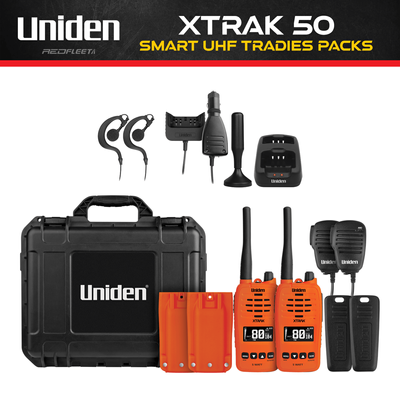 REDFLEET | UNIDEN ORANGE XTRAK 50 Tradies Twin Pack 5W Smart UHF CB Two Way Waterproof Handheld ...